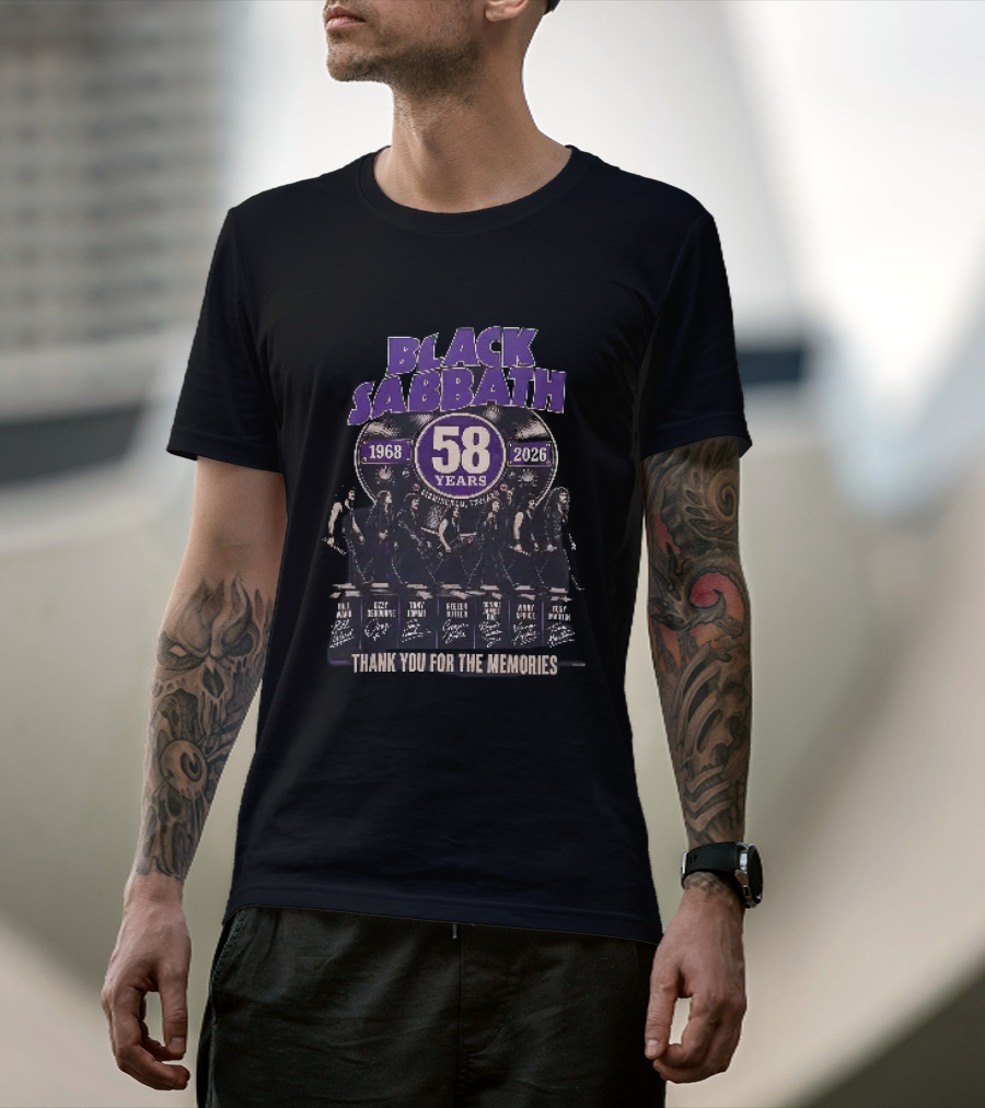 Black Sabbath 58 Years 1968 2026 Birmingham England Thank You For The Memories Ozzy Osbourne Tony Iommi Geezer Butler Bill Ward T-Shirt