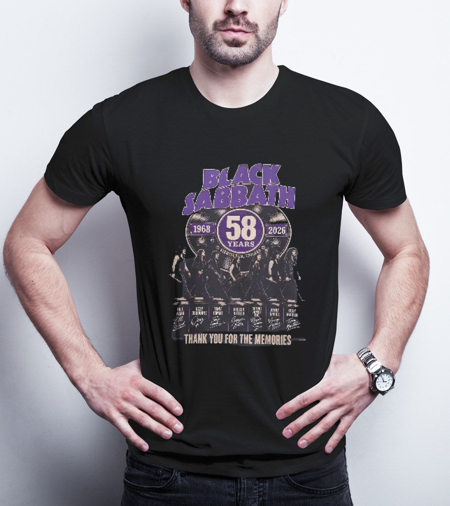 Black Sabbath 58 Years 1968 2026 Birmingham England Thank You For The Memories Ozzy Osbourne Tony Iommi Geezer Butler Bill Ward T-Shirt