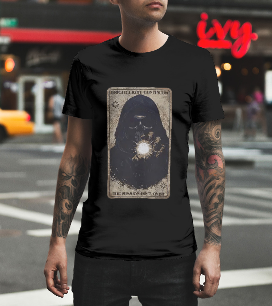 Bright Light Continuum The Mission Isn't Over Skull Holding Light Mysterious Hooded Figure T-Shirt