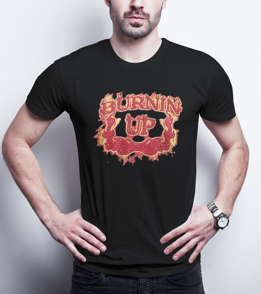Burnin Up Red Rhinestone Gemstone Lettering Flaming Crest Frame Fiery T-Shirt