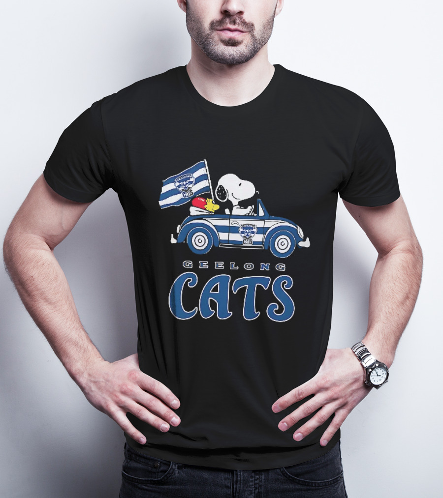 Geelong Cats Snoopy Woodstock Driving With Flag T-Shirt