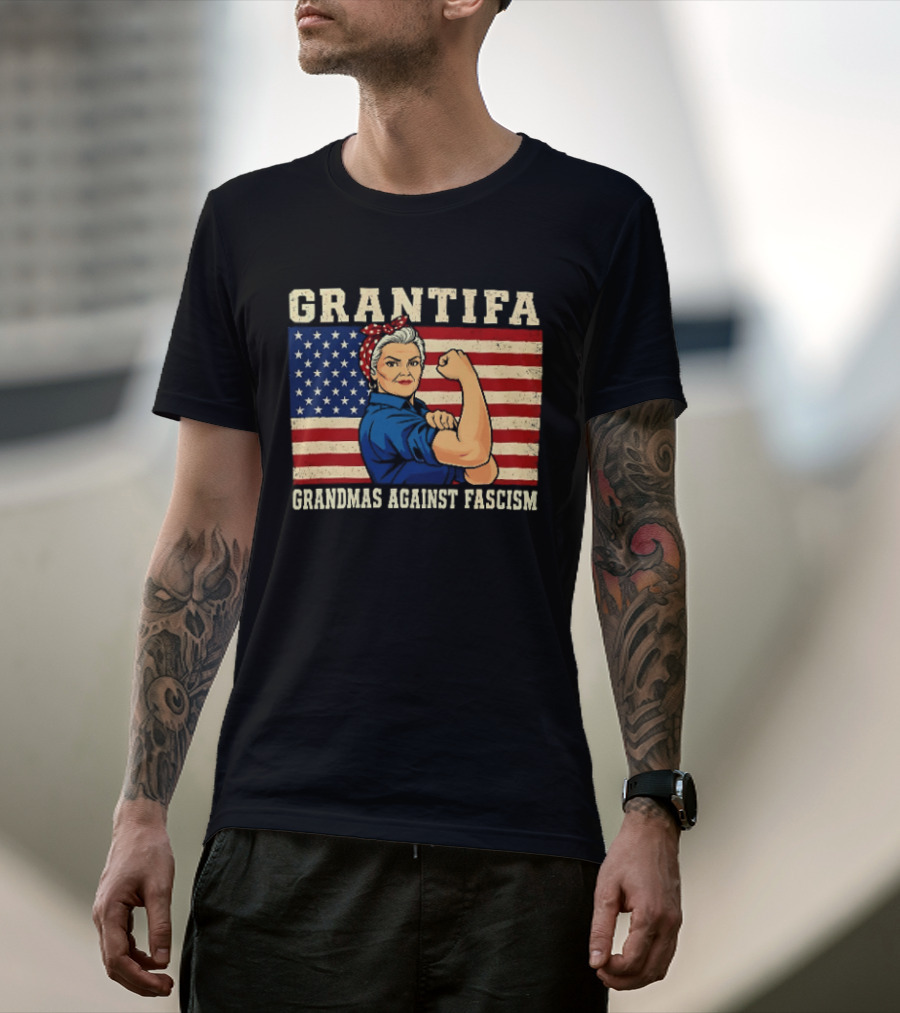 Grantifa Grandmas Against Fascism Rosie Riveter USA Flag T-Shirt
