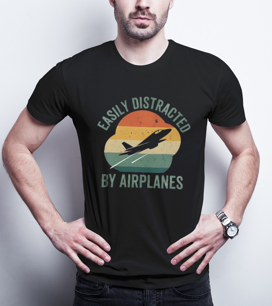 Easily Distracted By Airplanes Retro Jet Vintage Stripes T-Shirt