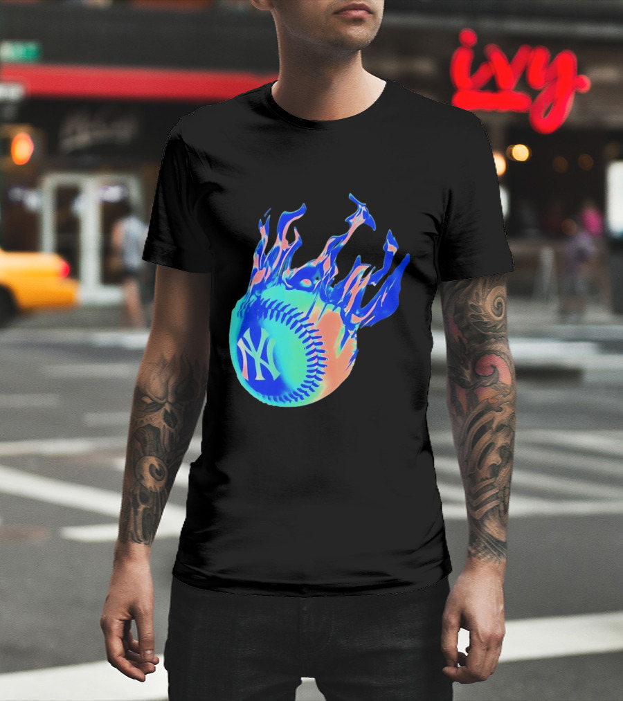 New York Yankees MLB Flaming Baseball Iconic Sports Team T-Shirt