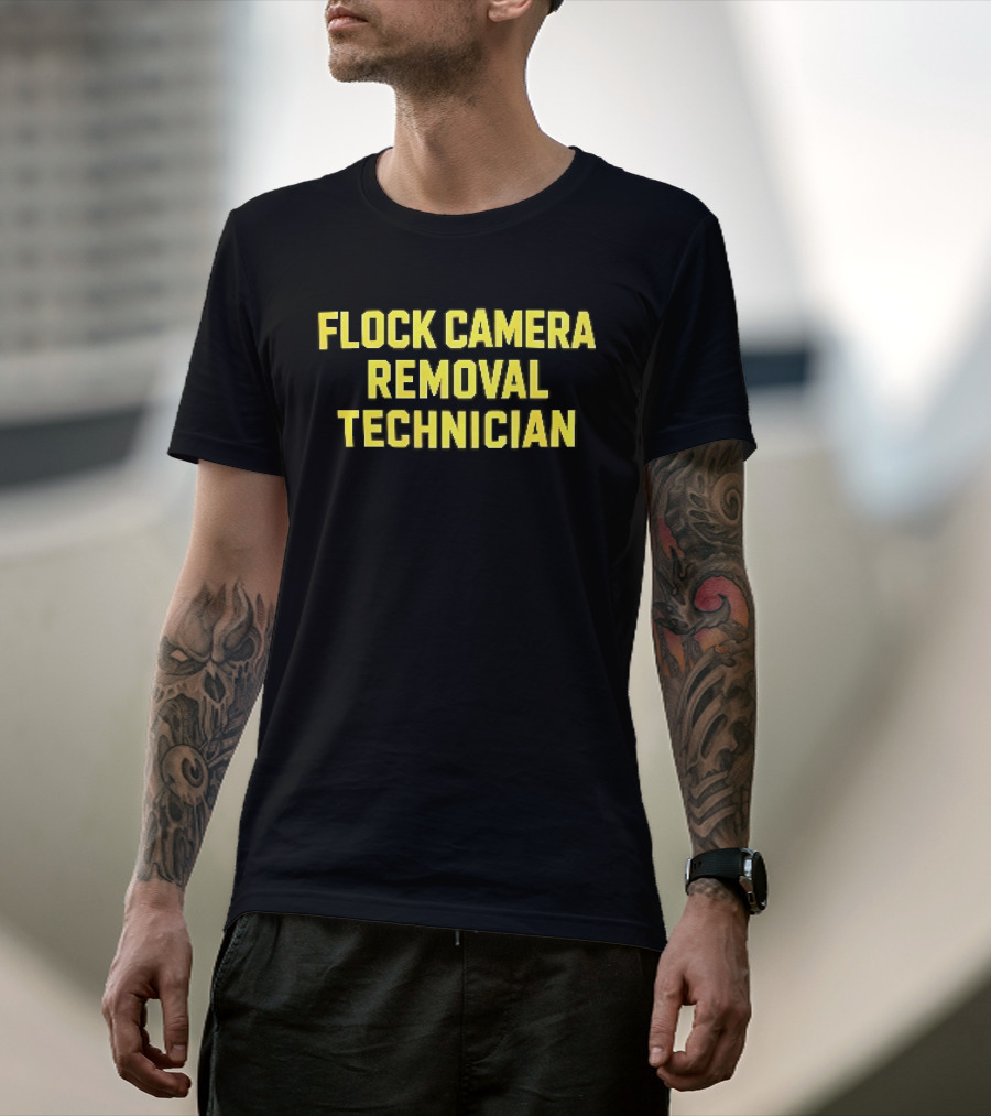 Flock Camera Removal Technician Yellow Varsity Block T-Shirt