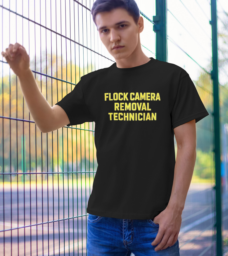 Flock Camera Removal Technician Yellow Varsity Block T-Shirt