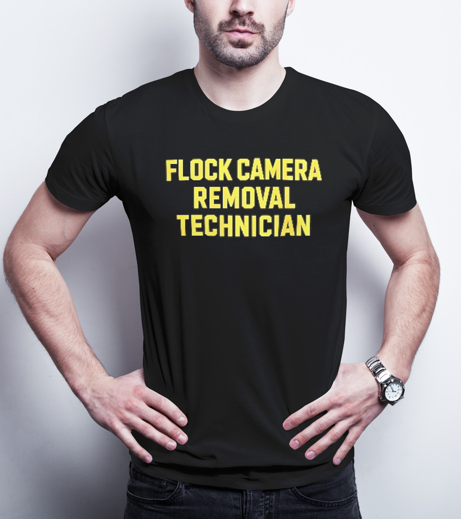Flock Camera Removal Technician Yellow Varsity Block T-Shirt