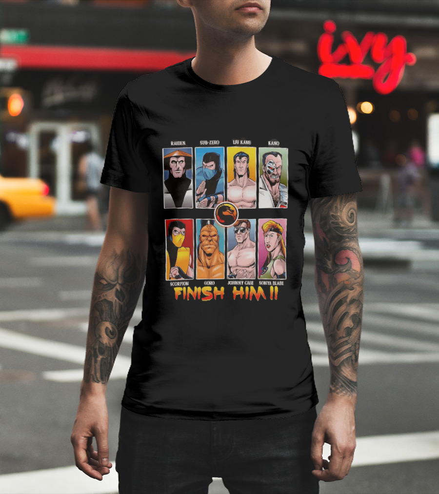 Raiden Sub Zero Liu Kang Kano Scorpion Goro Johnny Cage Sonya Blade Finish Him Mortal Kombat T-Shirt