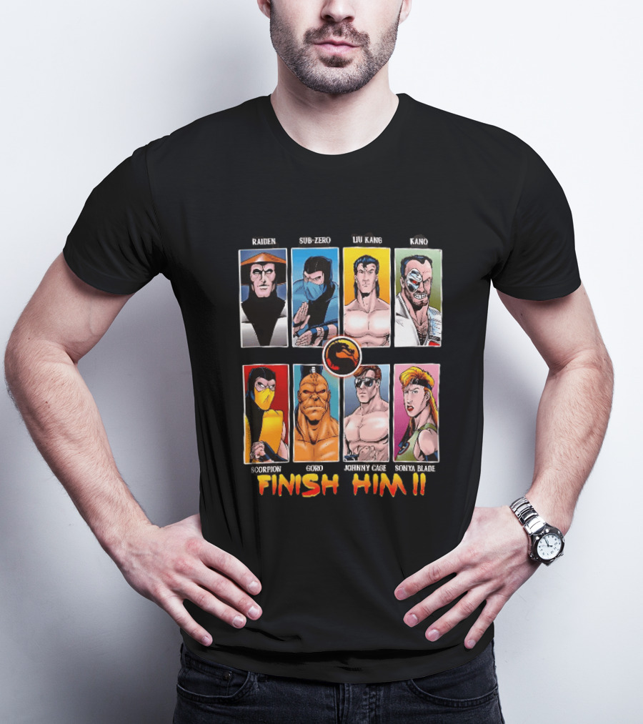 Raiden Sub Zero Liu Kang Kano Scorpion Goro Johnny Cage Sonya Blade Finish Him Mortal Kombat T-Shirt