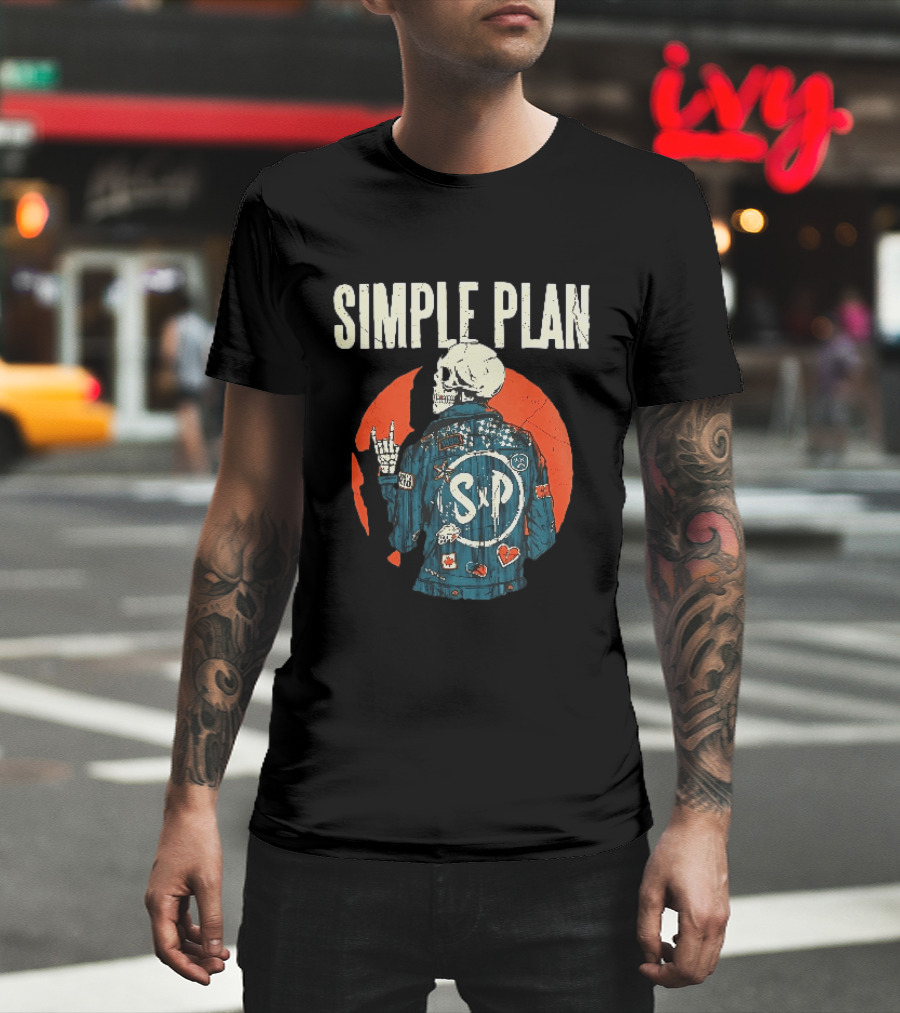 Simple Plan Just A Kid 1999 Skeleton Rock Sign SP Denim Jacket Distressed T-Shirt