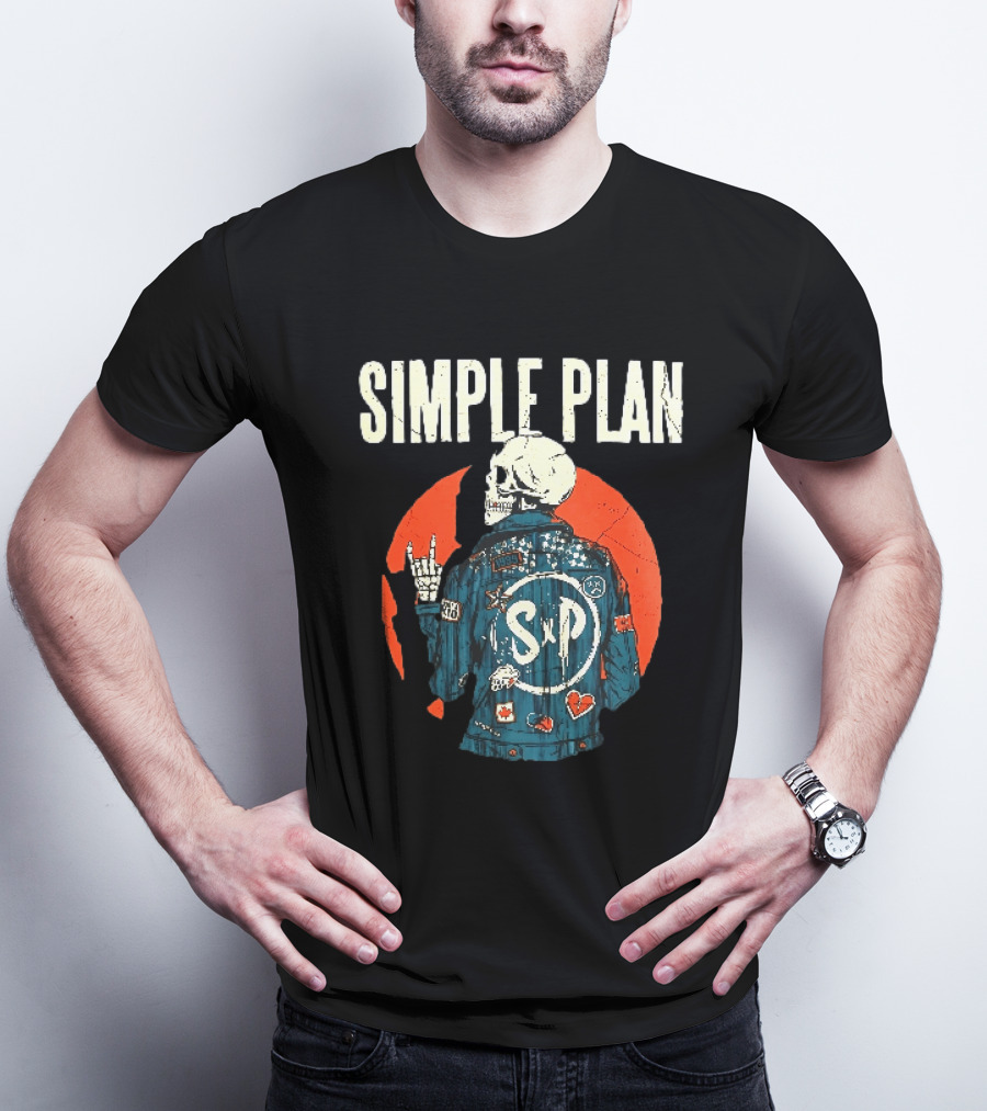 Simple Plan Just A Kid 1999 Skeleton Rock Sign SP Denim Jacket Distressed T-Shirt