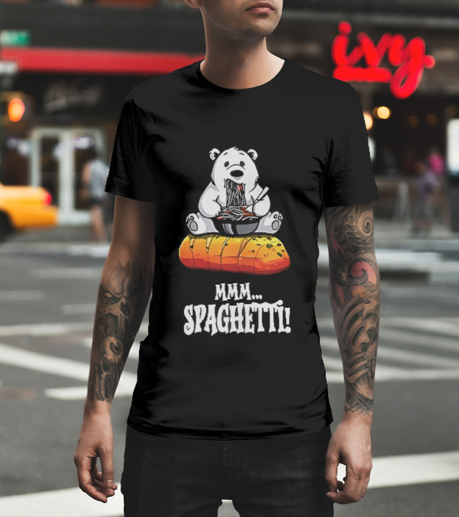 Mmm Spaghetti Cartoon Polar Bear Enjoying Pasta On Garlic Bread T-Shirt