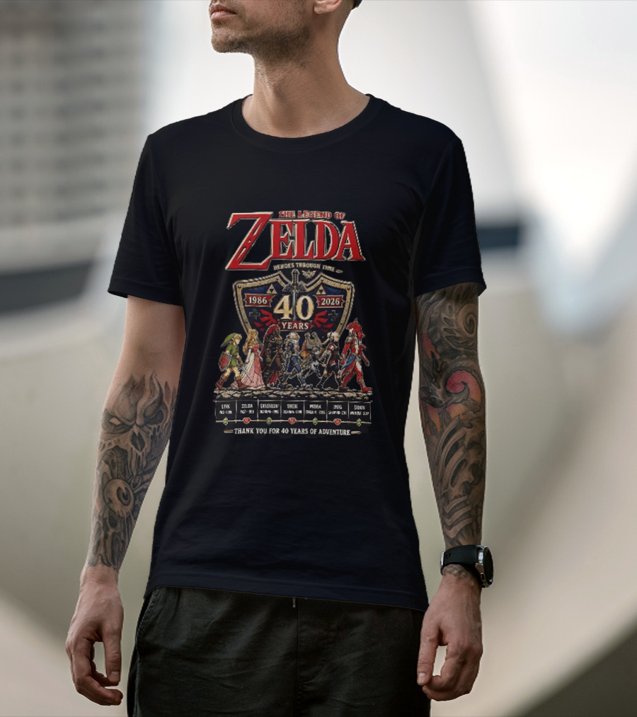 The Legend Of Zelda Heroes Through Time 1986 2026 40 Years Thank You For 40 Years Of Adventure Link Zelda Ganondorf Sheik Midna Impa Sidon T-Shirt