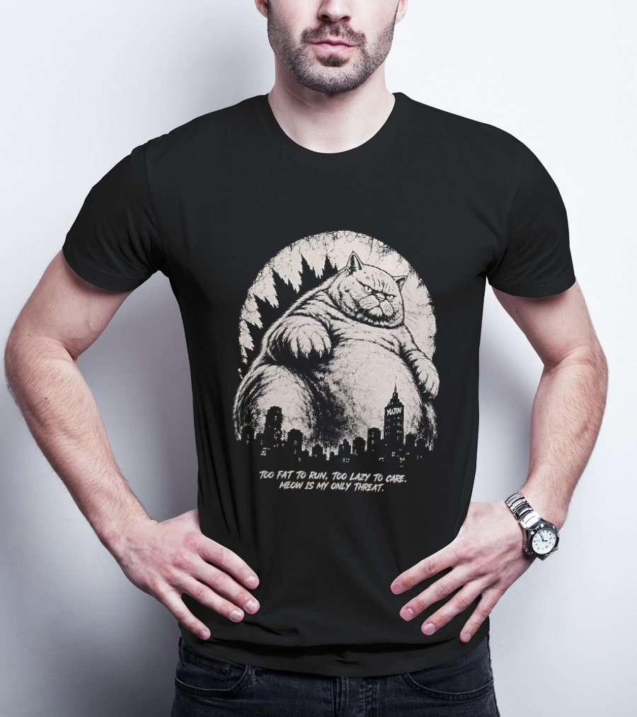 Too Fat To Run Too Lazy To Care Meow Is My Only Threat Cat With City Skyline T-Shirt