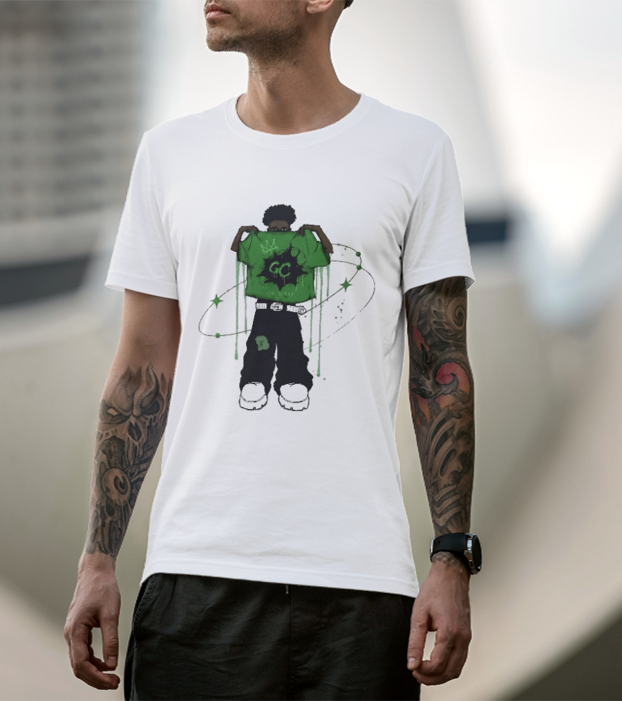 Gc Drip Cartoon Character Holding Green Clothing With Crown And Stars T-Shirt