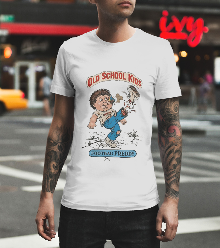 Old School Kids Footbag Freddy Cartoon Caricature Boy Kicking Shoe T-Shirt