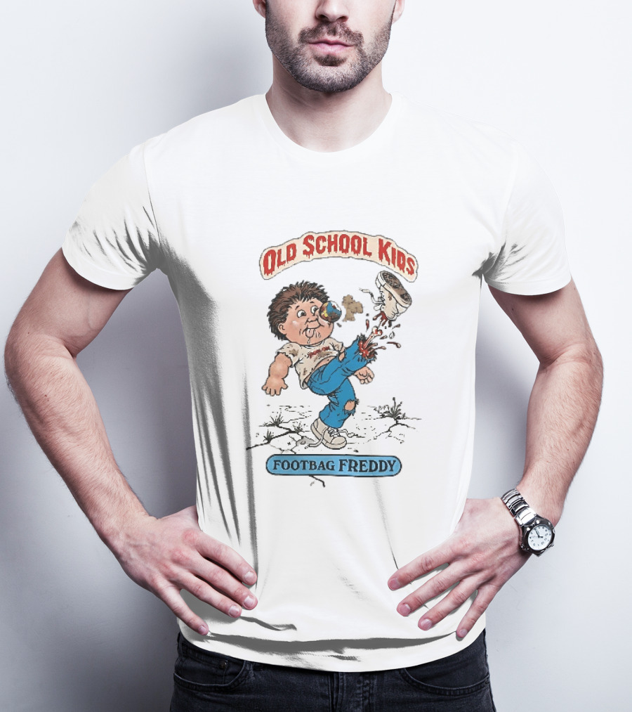 Old School Kids Footbag Freddy Cartoon Caricature Boy Kicking Shoe T-Shirt