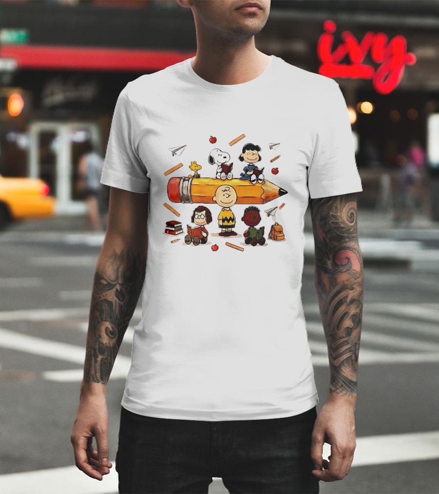 Charlie's Giant Pencil Peanuts Cartoon School Supplies Snoopy Woodstock T-Shirt