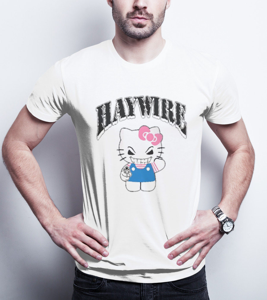 Haywire Hello Kitty Mischievous Grin Pink Bow Blue Overalls T-Shirt
