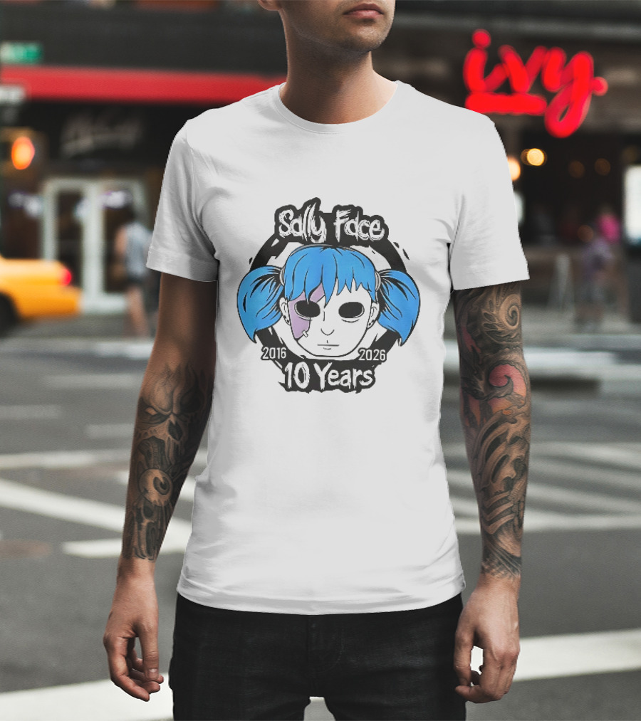 Sally Face 2016 2026 10 Years Cartoon Blue Hair Masked Character Anniversary T-Shirt