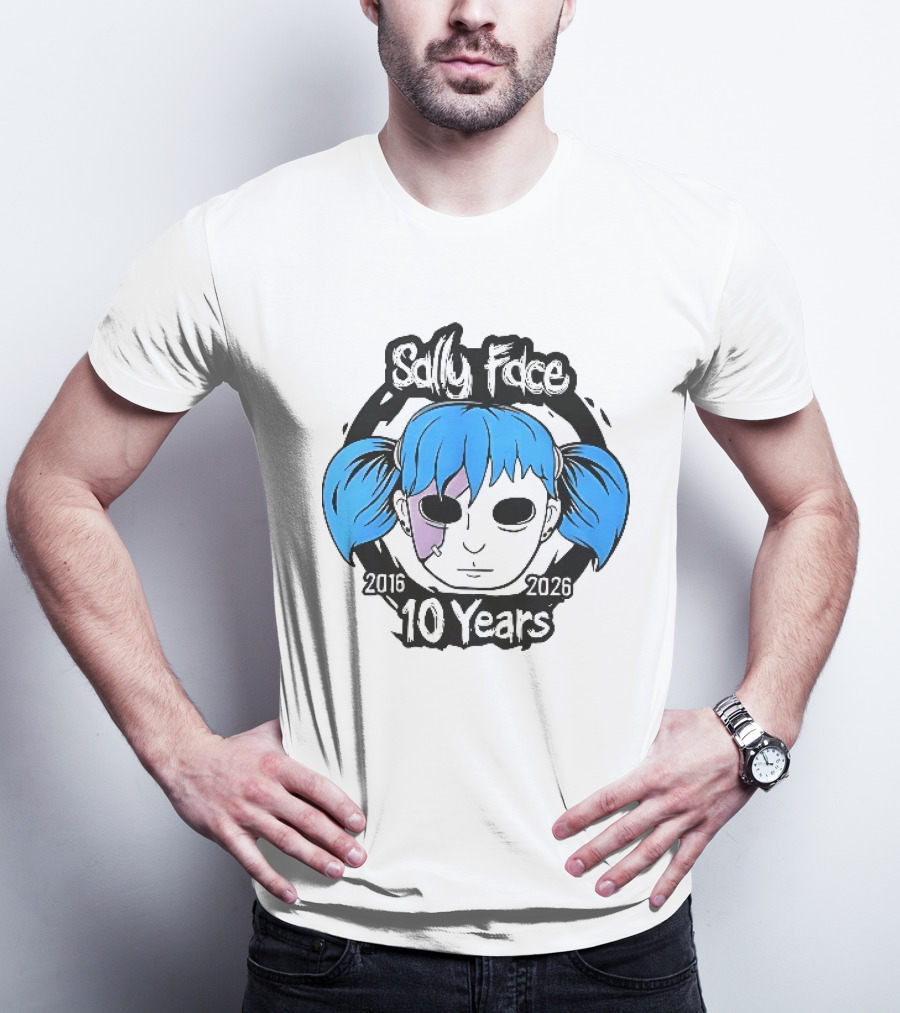 Sally Face 2016 2026 10 Years Cartoon Blue Hair Masked Character Anniversary T-Shirt
