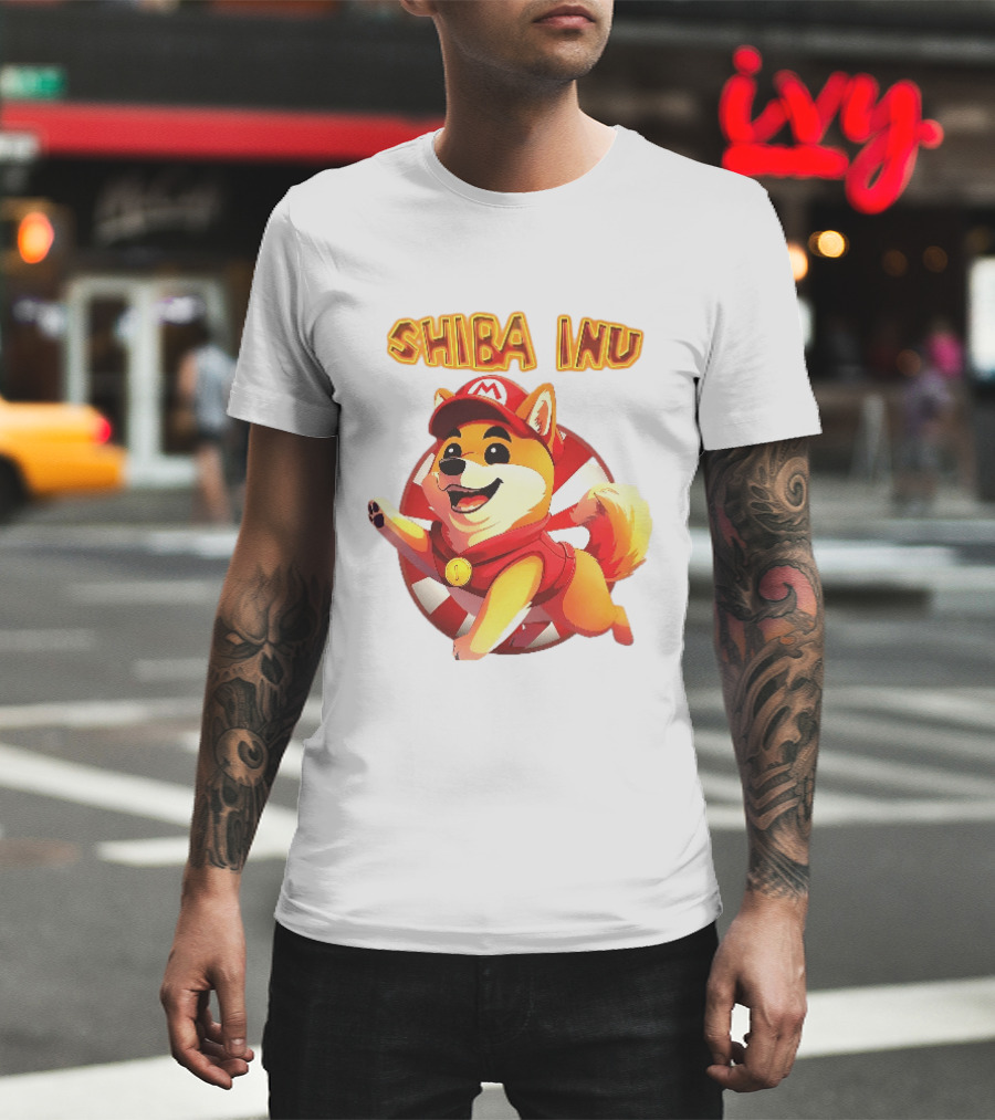 Shiba Inu Cartoon Dog Mario Red Cap Vest Running Striped T-Shirt