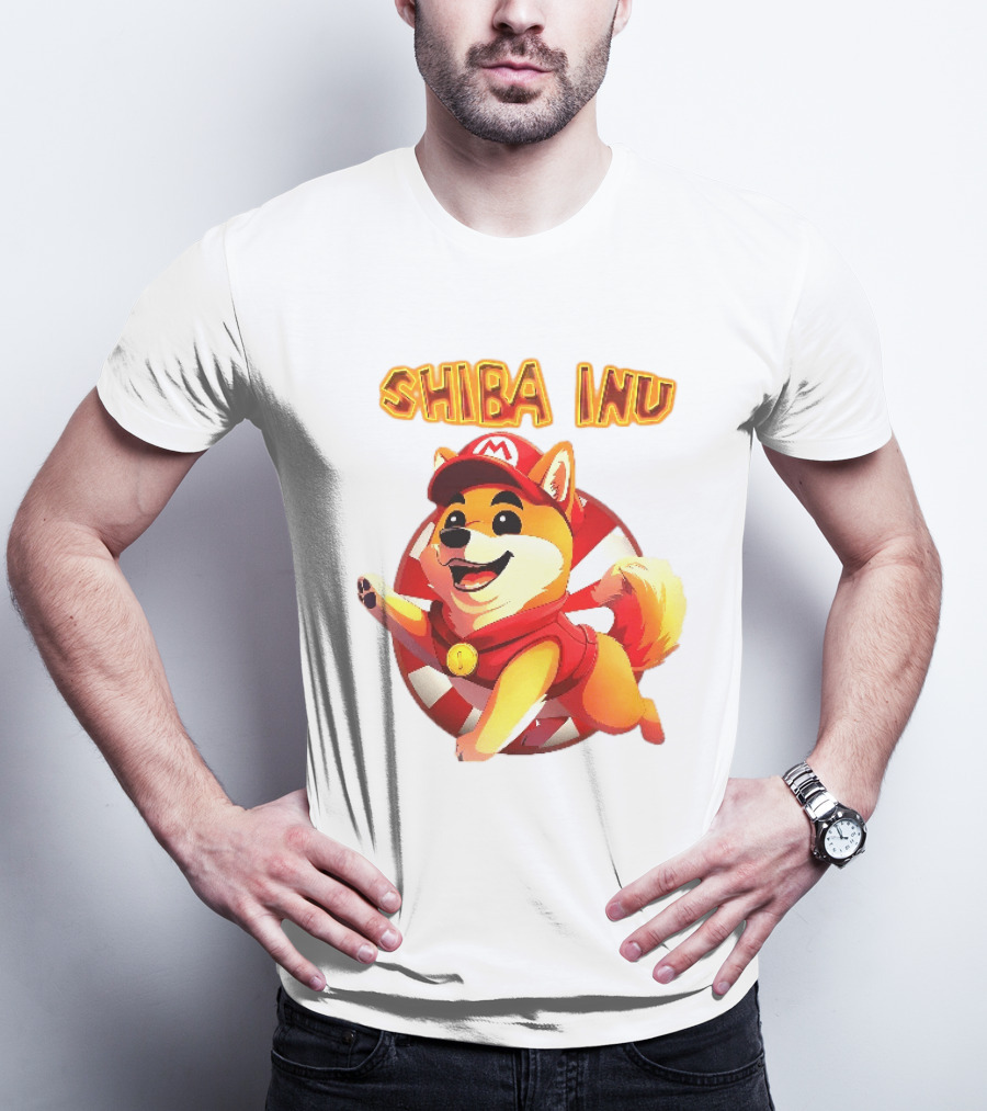 Shiba Inu Cartoon Dog Mario Red Cap Vest Running Striped T-Shirt