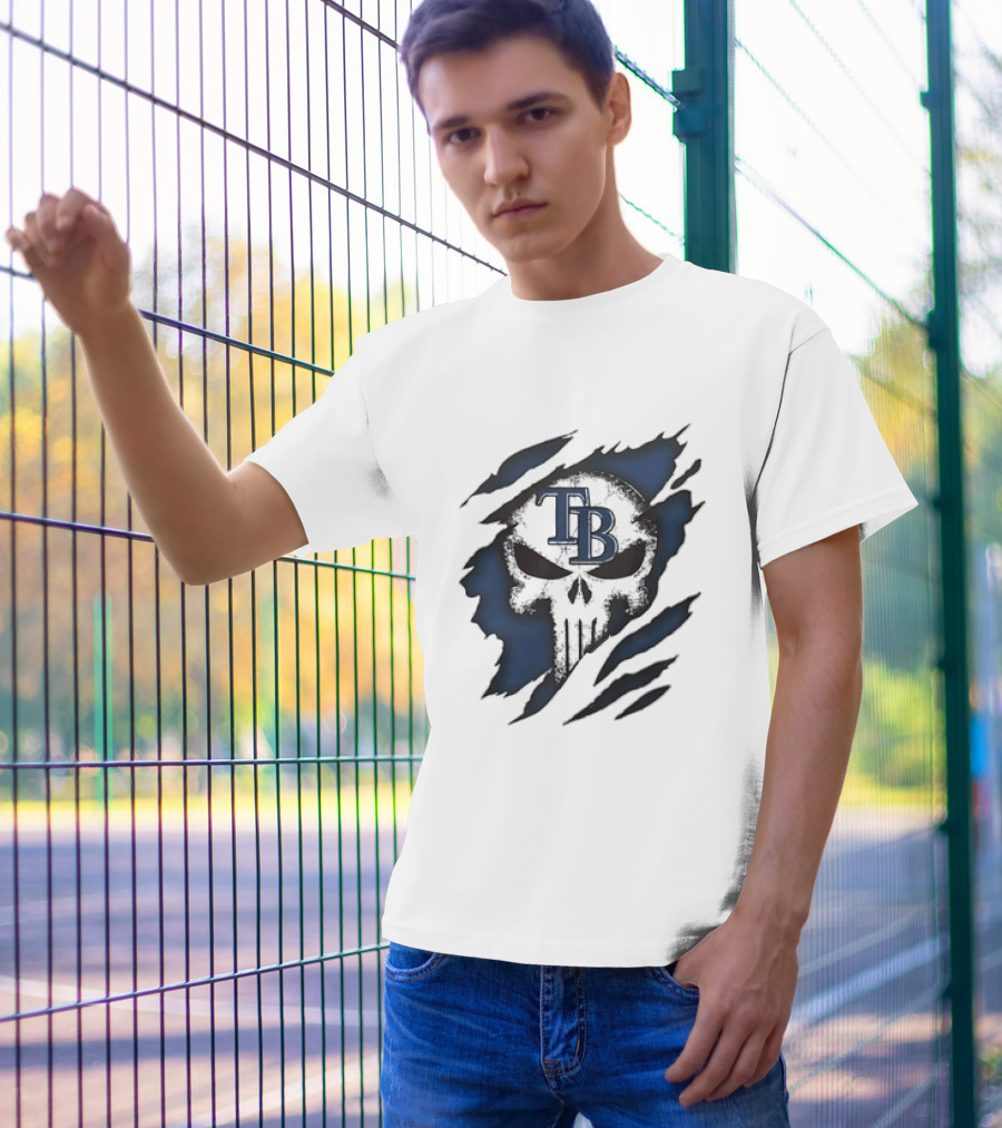Tampa Bay Rays TB Punisher Skull Ripped Effect T-Shirt