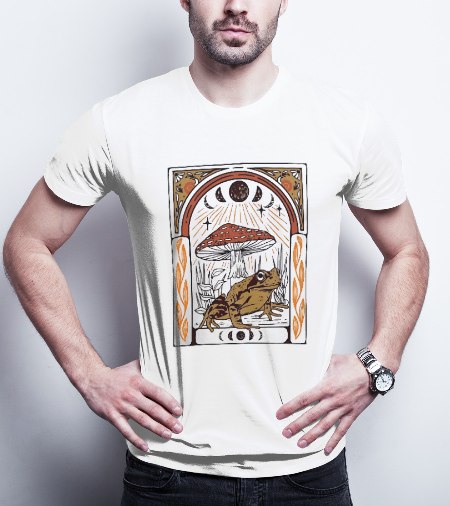 Toad With Amanita Mushroom And Celestial Moon Phases Tarot Aesthetic T-Shirt