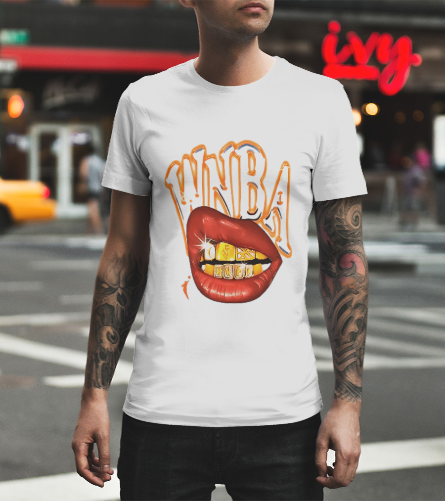 WNBA Red Lips Gold Teeth Grillz Glowing Chrome Lettering T-Shirt