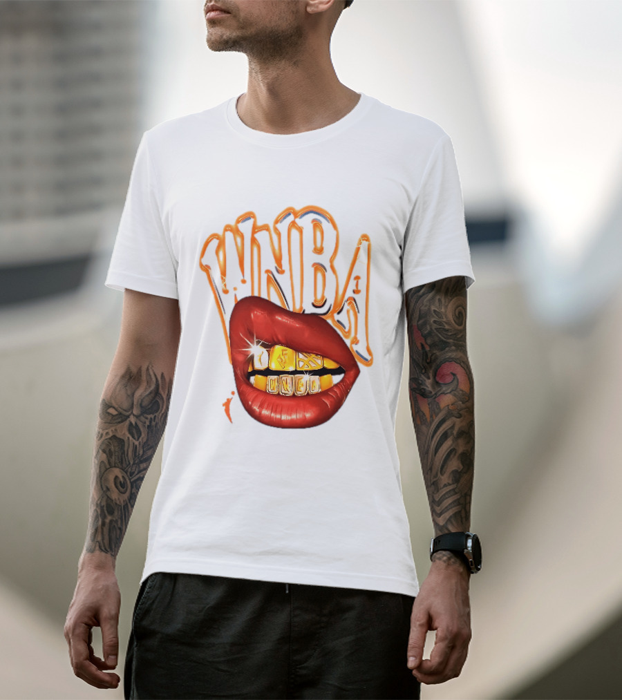 WNBA Red Lips Gold Teeth Grillz Glowing Chrome Lettering T-Shirt