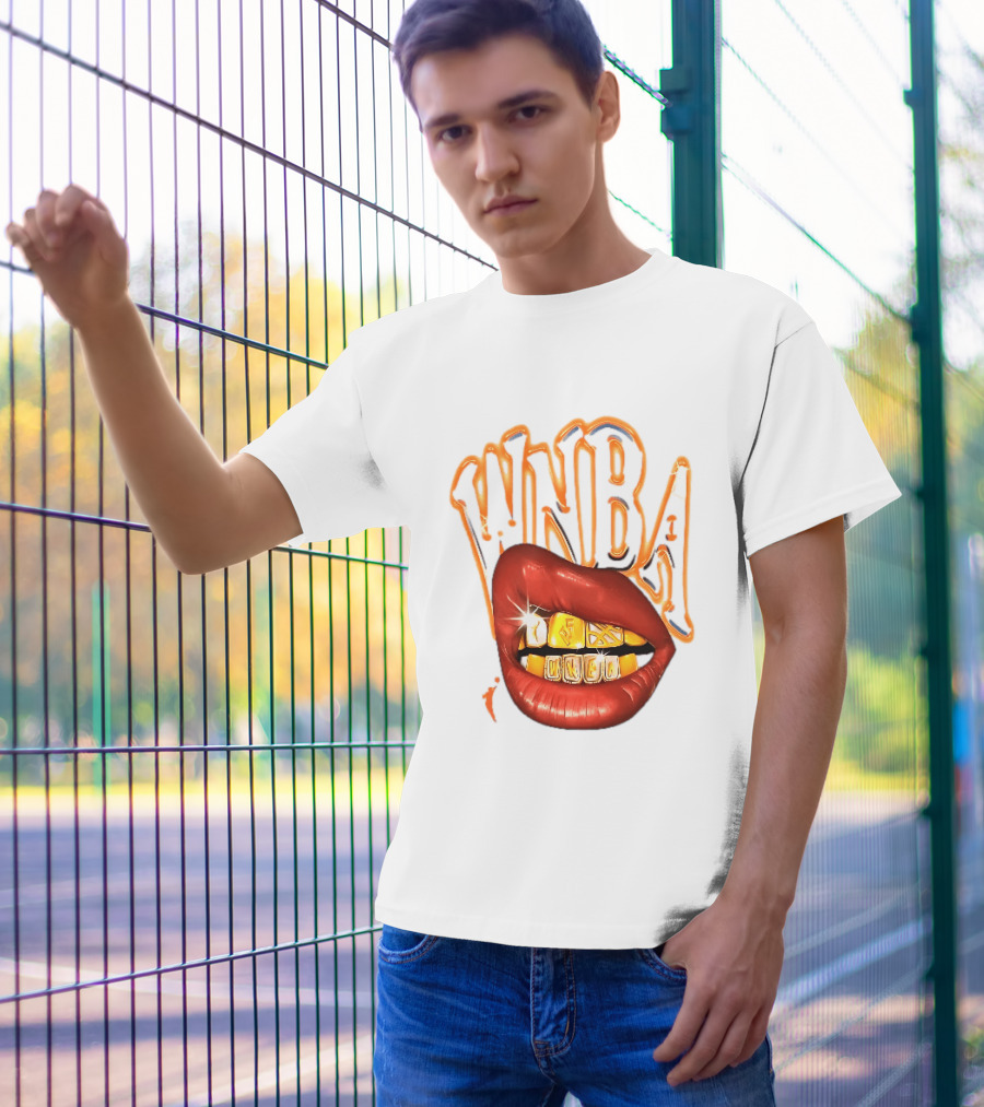 WNBA Red Lips Gold Teeth Grillz Glowing Chrome Lettering T-Shirt