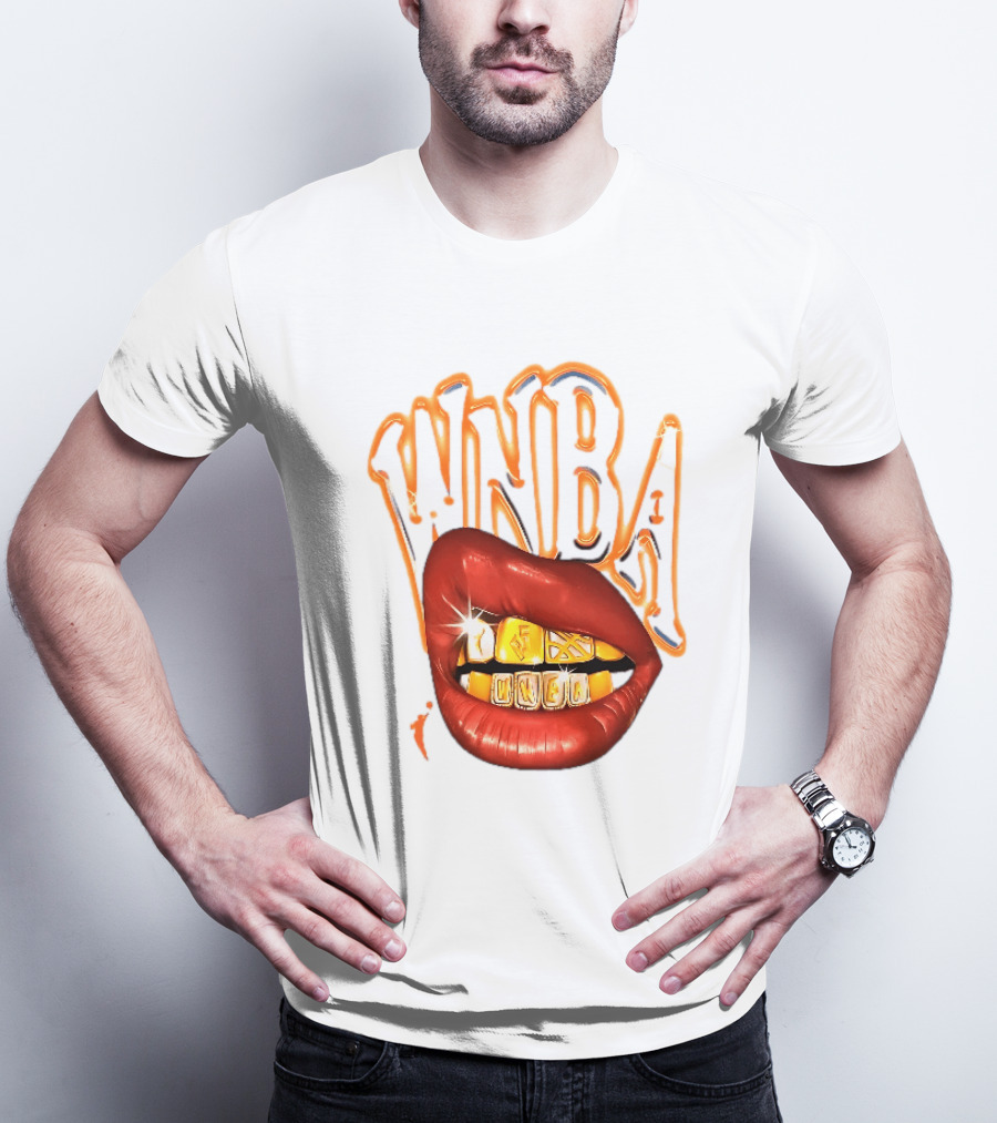 WNBA Red Lips Gold Teeth Grillz Glowing Chrome Lettering T-Shirt