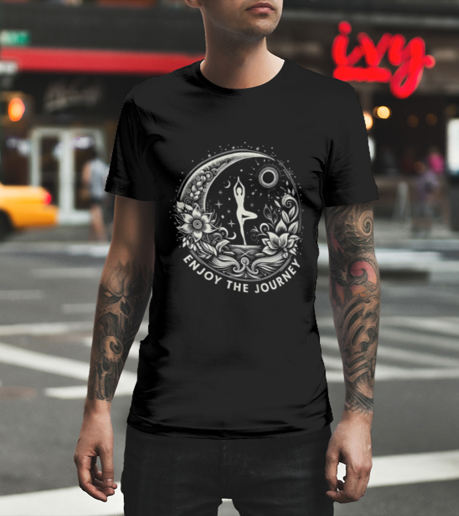 Enjoy The Journey Yoga Tree Pose Mandala Moon Sun Floral Surround T-Shirt