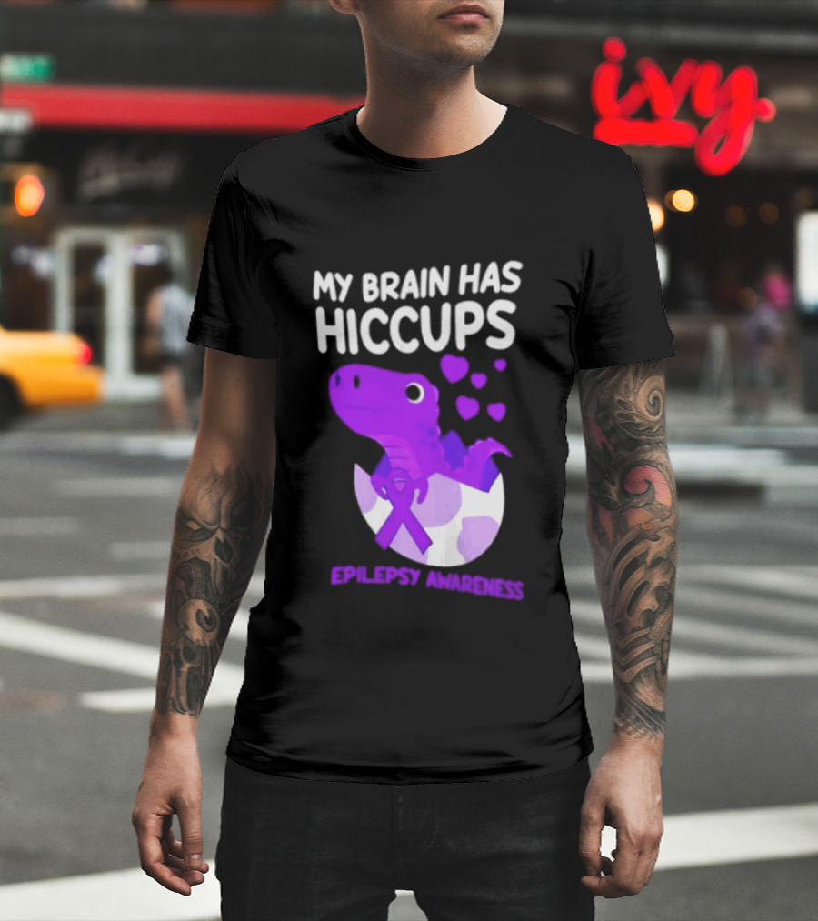 My Brain Has Hiccups Epilepsy Awareness Dinosaur Purple Ribbon Eggshell Hearts T-Shirt