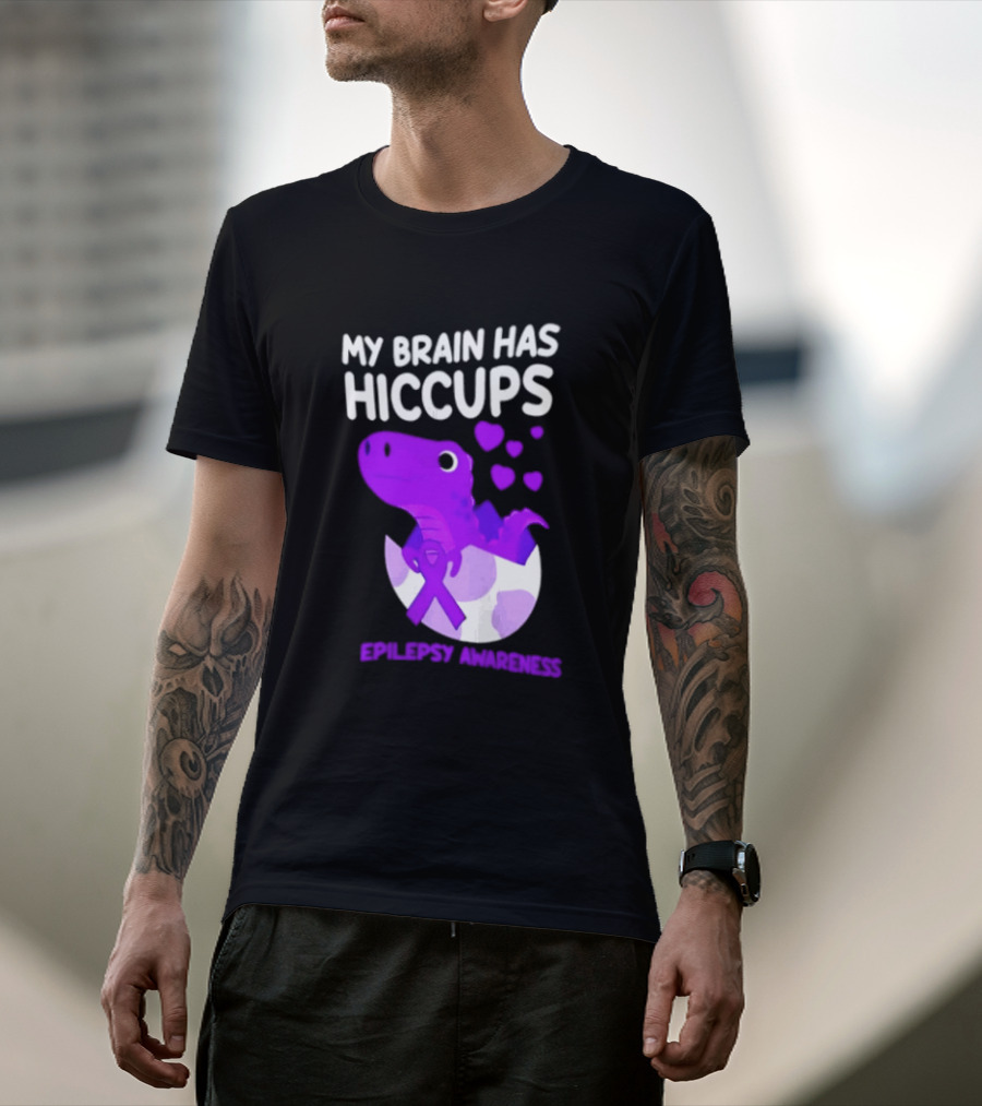 My Brain Has Hiccups Epilepsy Awareness Dinosaur Purple Ribbon Eggshell Hearts T-Shirt