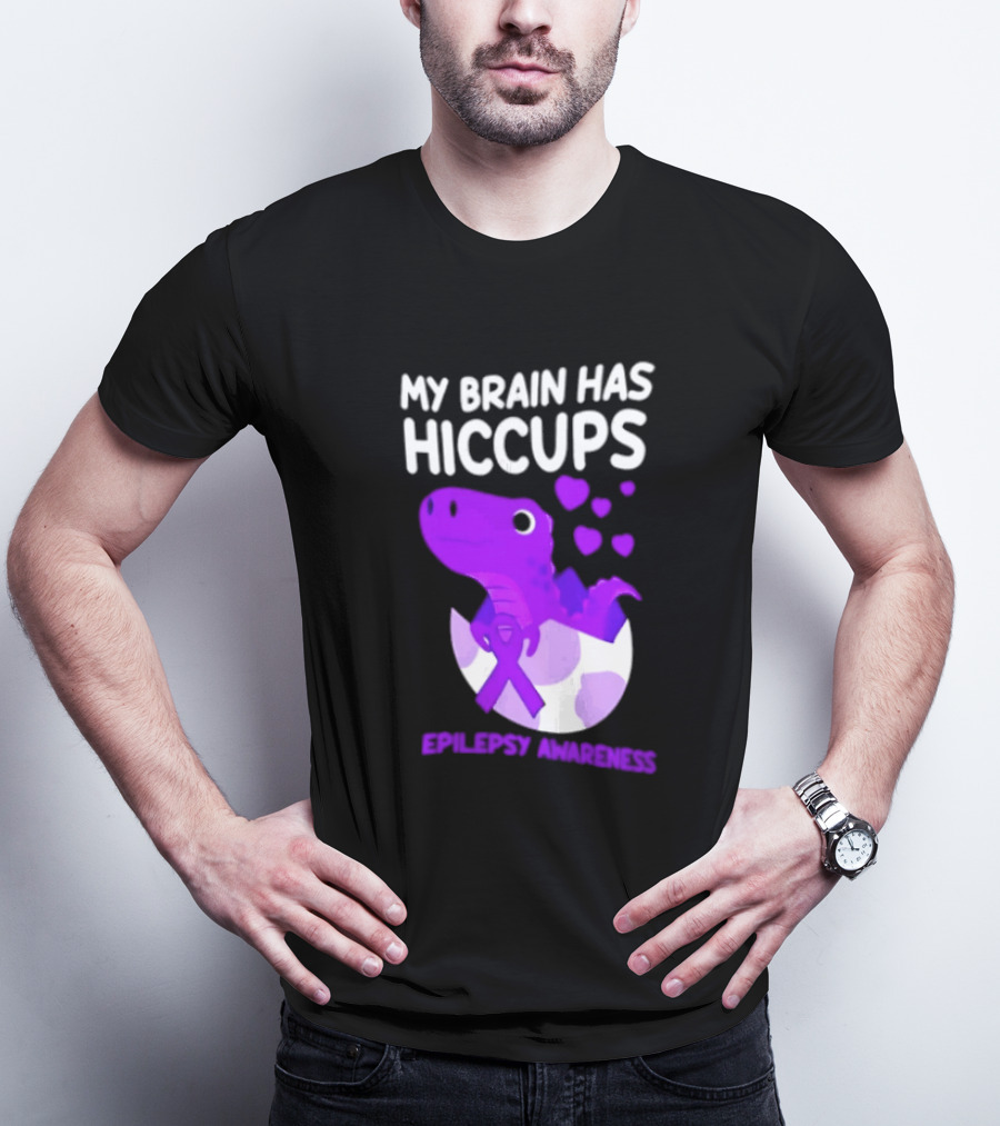 My Brain Has Hiccups Epilepsy Awareness Dinosaur Purple Ribbon Eggshell Hearts T-Shirt