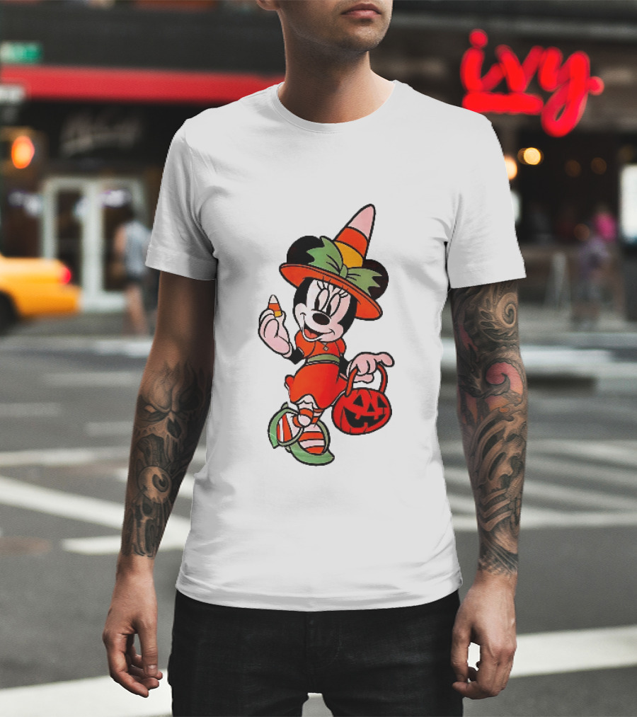Disney Minnie Mouse Halloween Witch With Candy Corn And Pumpkin Bucket T-Shirt