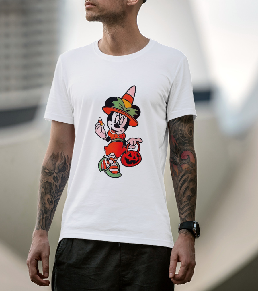 Disney Minnie Mouse Halloween Witch With Candy Corn And Pumpkin Bucket T-Shirt