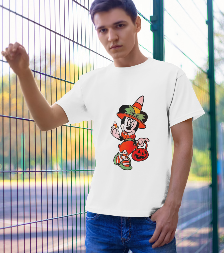 Disney Minnie Mouse Halloween Witch With Candy Corn And Pumpkin Bucket T-Shirt