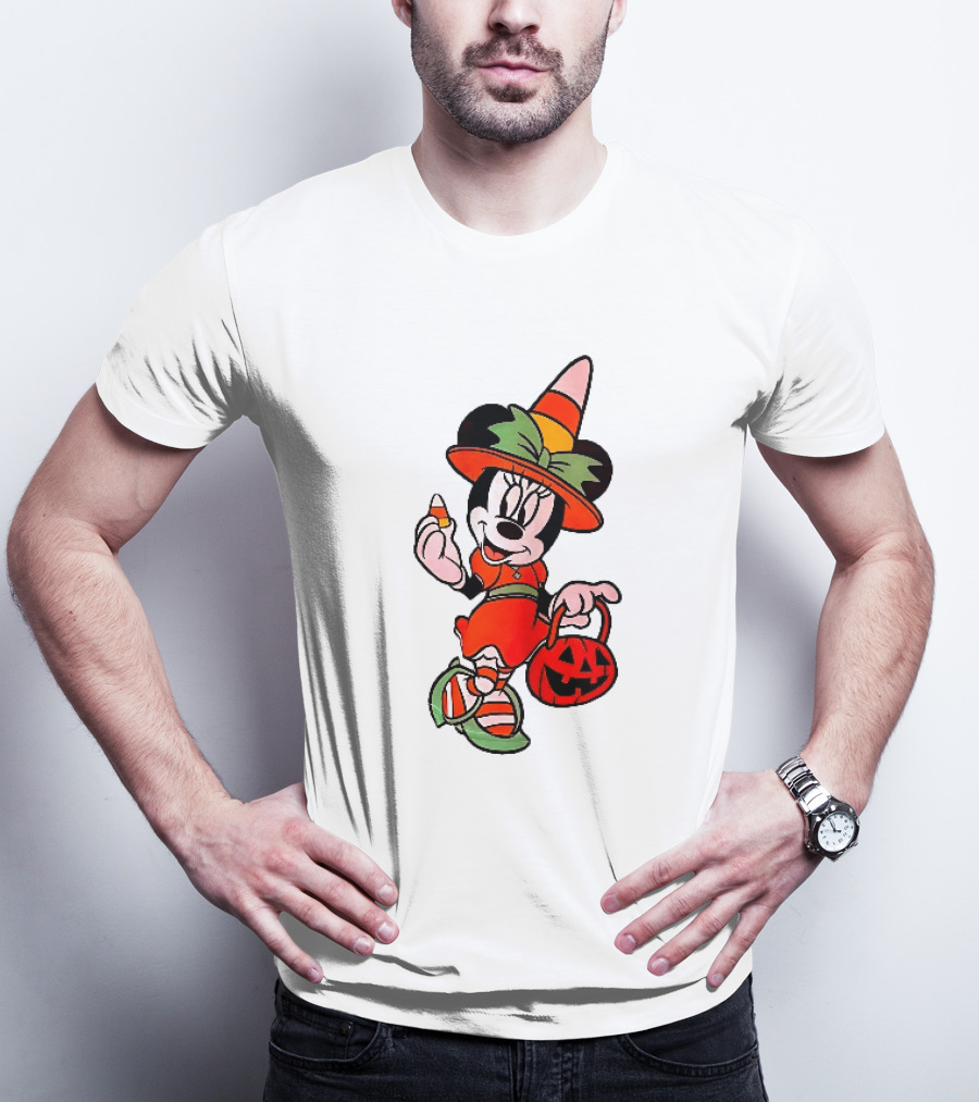 Disney Minnie Mouse Halloween Witch With Candy Corn And Pumpkin Bucket T-Shirt