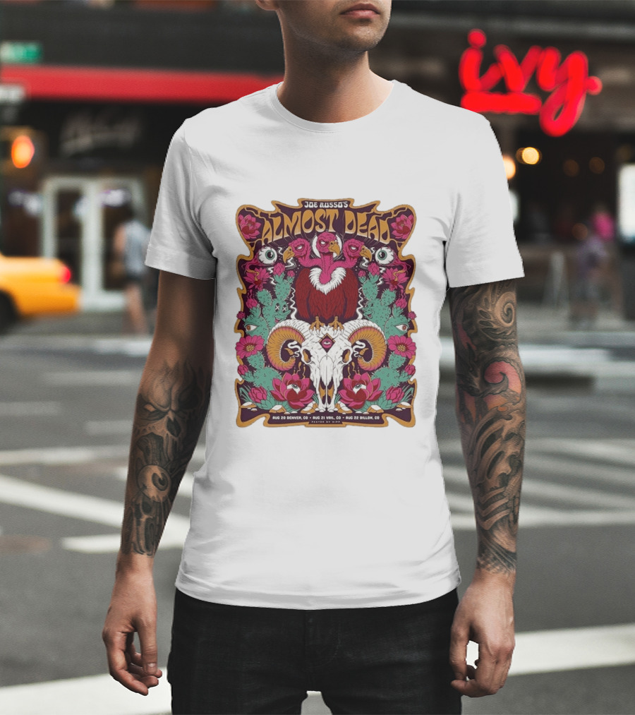 Joe Russo's Almost Dead Tour 2026 August 20 Denver August 21 Vail August 22 Dillon Vibrant Skull And Vulture Art Floral T-Shirt