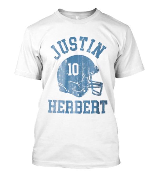 Justin Herbert Distressed Light Blue Football Helmet Number 10 T-Shirt