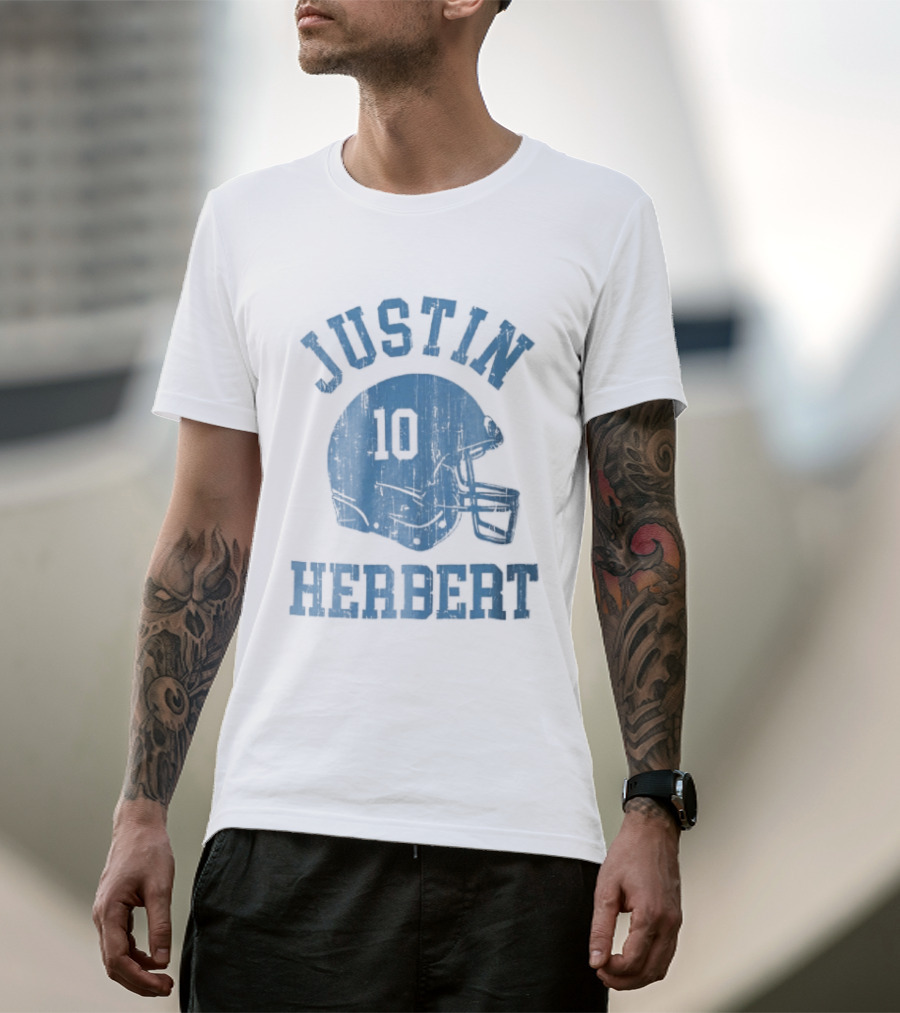 Justin Herbert Distressed Light Blue Football Helmet Number 10 T-Shirt