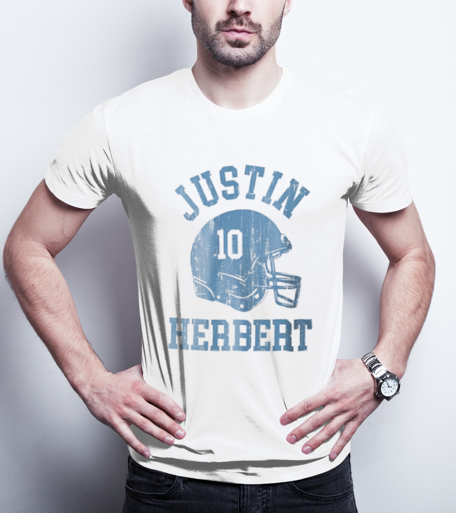 Justin Herbert Distressed Light Blue Football Helmet Number 10 T-Shirt