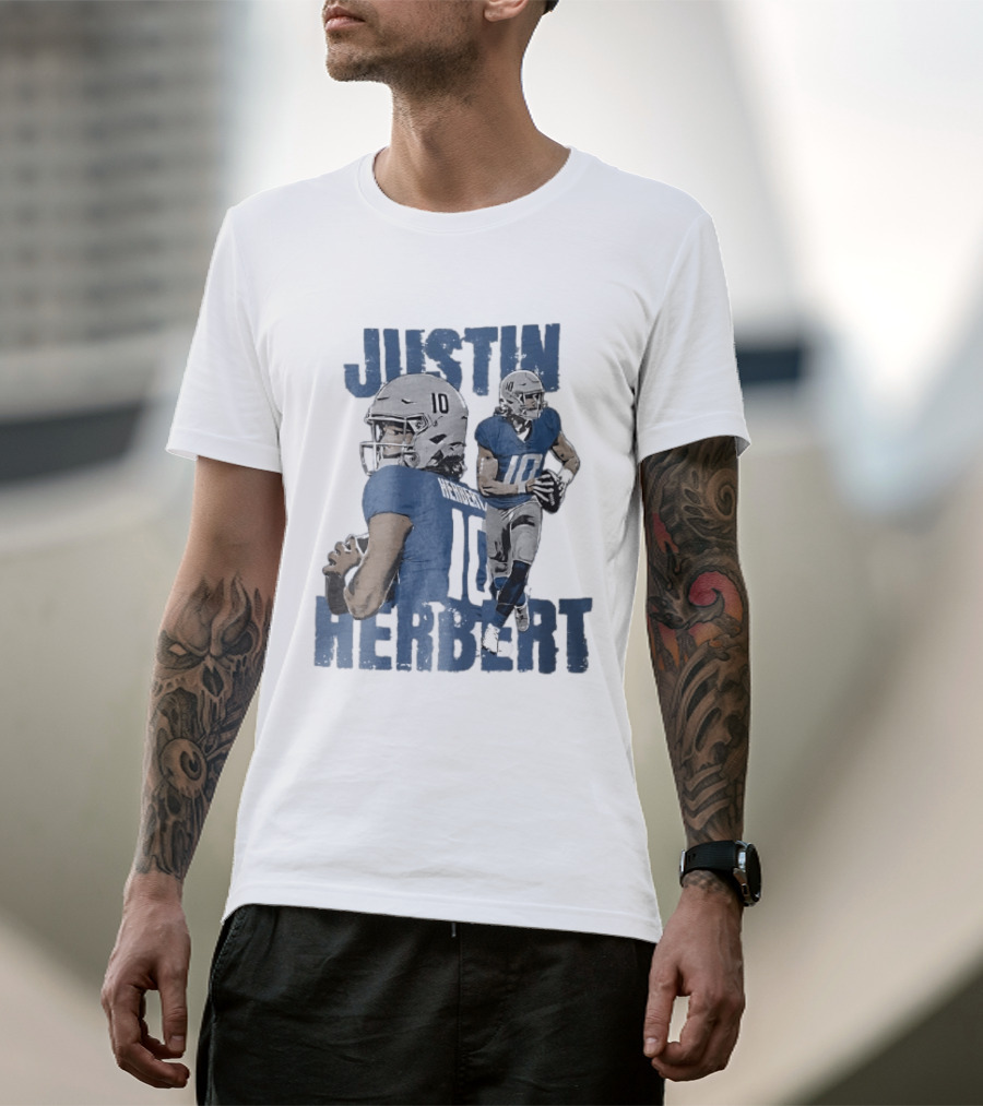 Justin Herbert Quarterback Action Photo Collage Blue Distressed T-Shirt