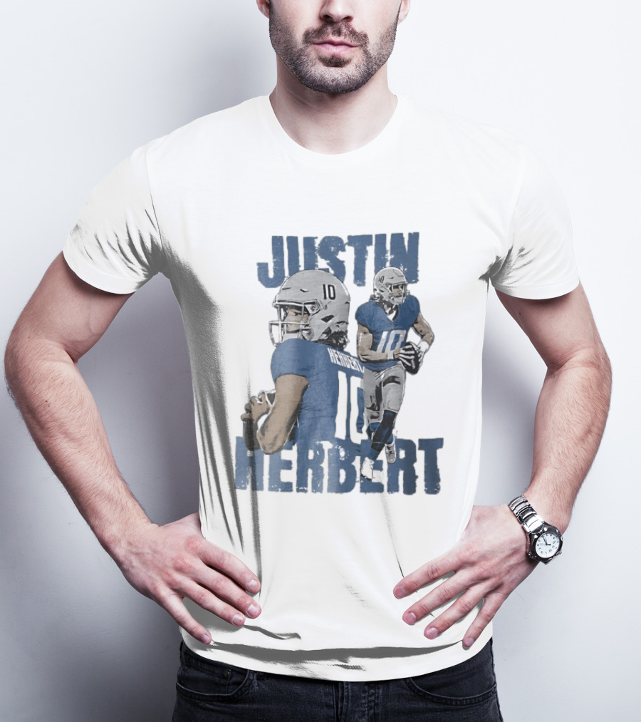 Justin Herbert Quarterback Action Photo Collage Blue Distressed T-Shirt