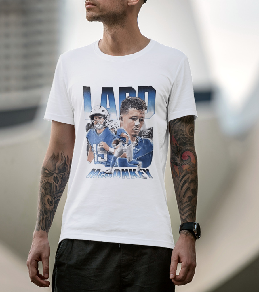 Ladd McConkey Number 15 Football Player Blue Jersey Collage T-Shirt