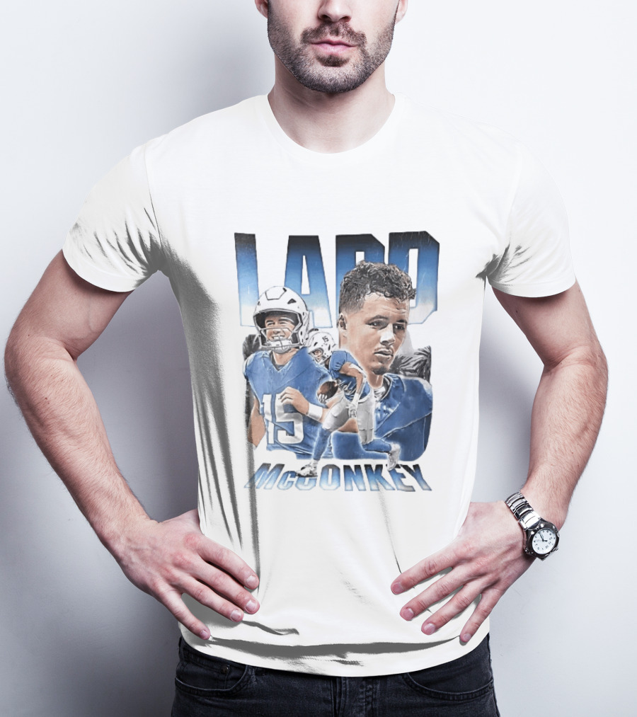Ladd McConkey Number 15 Football Player Blue Jersey Collage T-Shirt