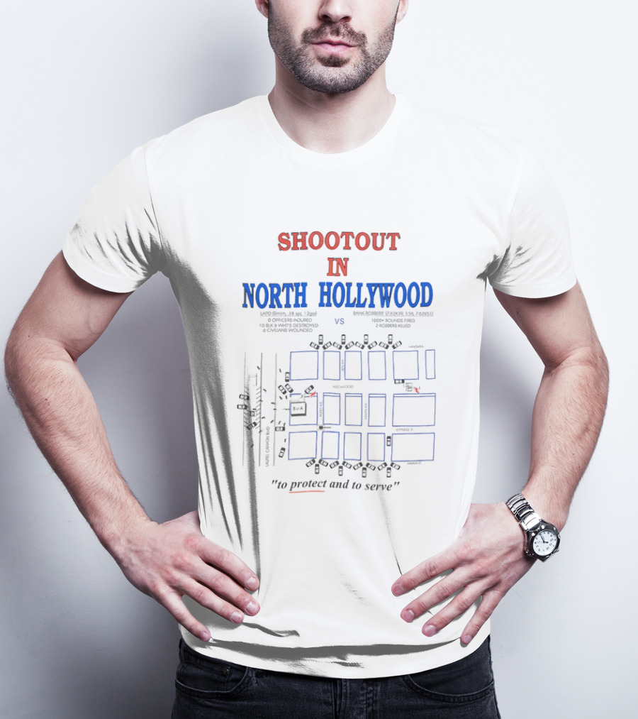 Shootout In North Hollywood Map With LAPD And Bank Robbers Ammunition Details T-Shirt